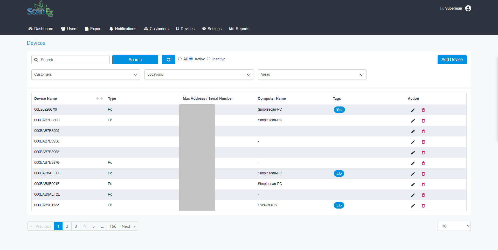 ScanEZ Cloud Portal Devices.